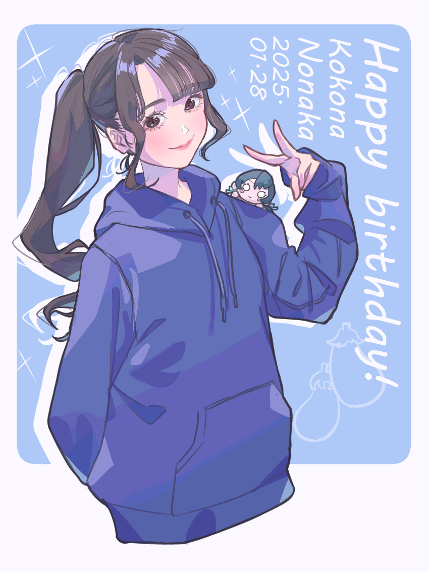Safebooru - 1girl absurdres animification black hair blue background blue hair blue hoodie blue ...
