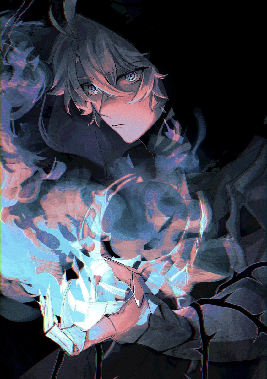Safebooru - 1boy armored gloves birdsofpasssage black cloak blue eyes blue fire body markings ...