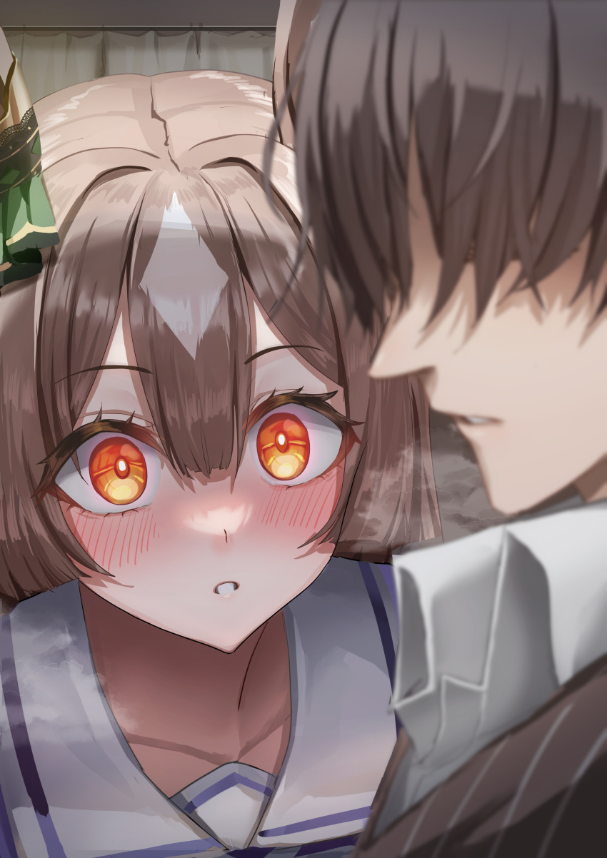 Safebooru - 1boy 1girl absurdres animal ears blue eyes blush brown hair commentary request ...