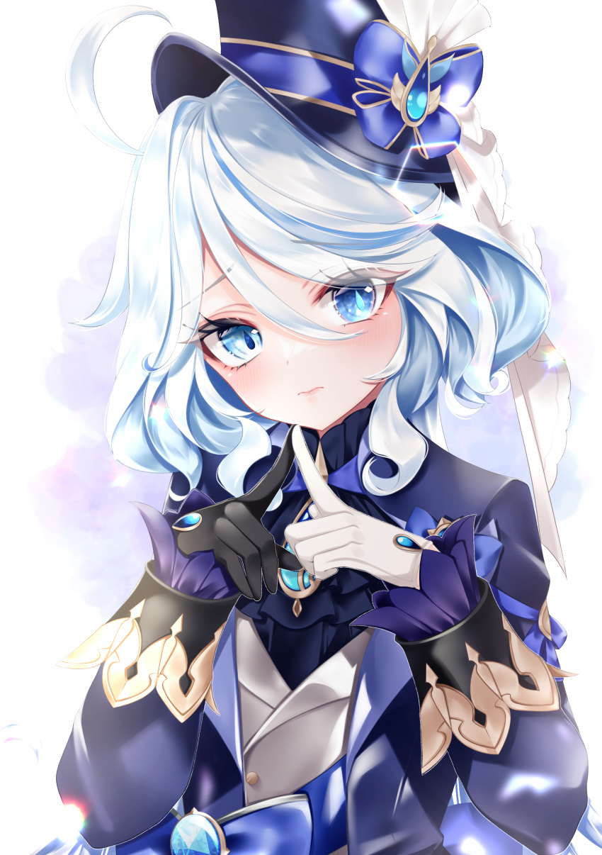 Safebooru - 1girl absurdres ahoge ascot asymmetrical gloves black gloves blue ascot blue bow ...