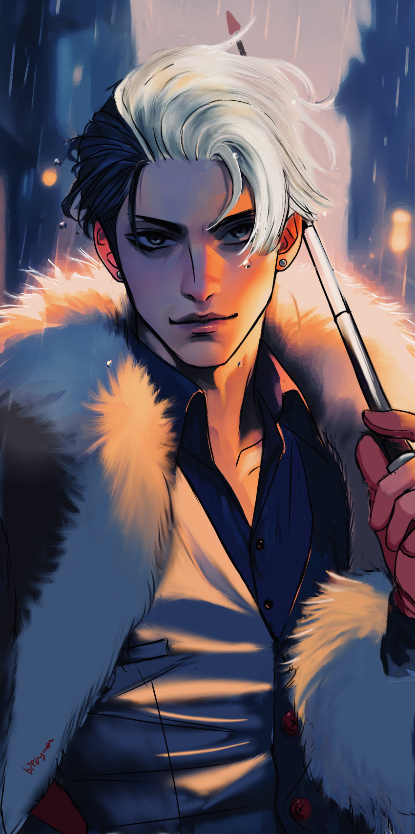 Safebooru - 1boy absurdres artist name black hair blurry blurry background coat divus crewel ...