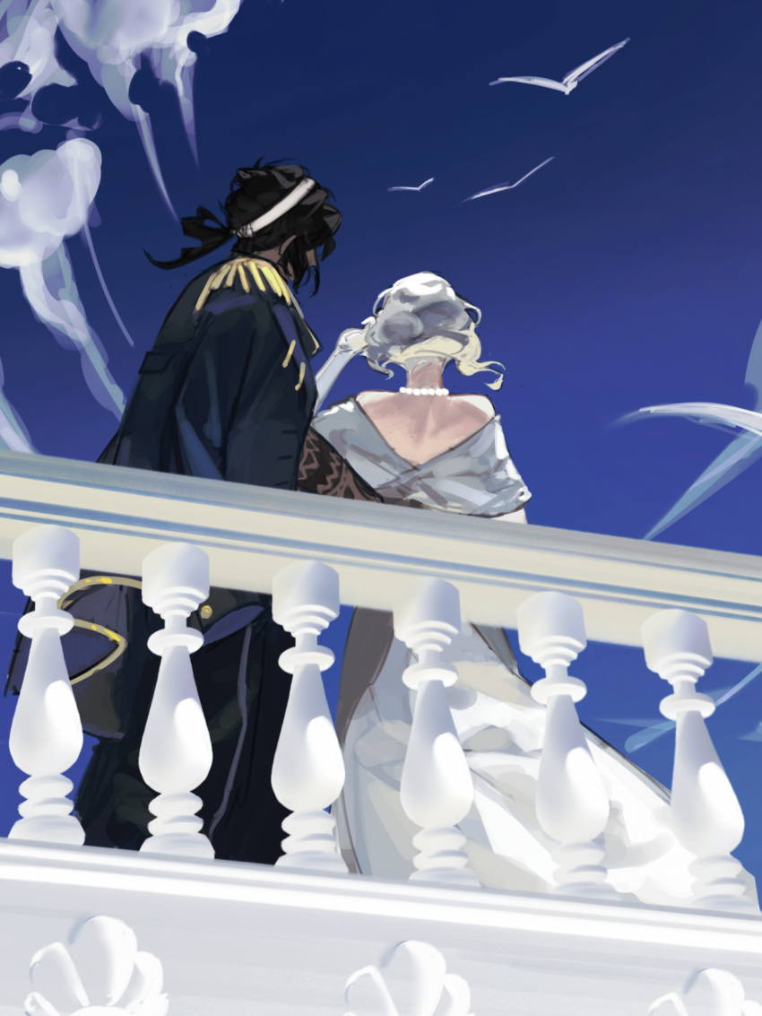 Safebooru - 1boy 1girl balcony bare shoulders bird black coat black hair blue sky captain caviar ...
