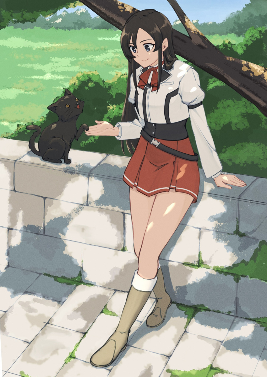 Safebooru - 1girl belt black cat black corset black eyes black hair brown footwear bush cat ...