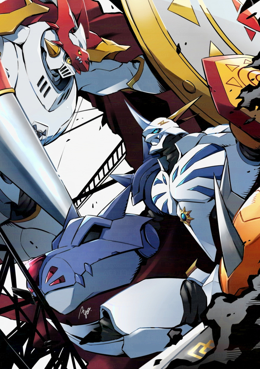 Safebooru - arm blade armor ayo (ayosanri009) blue eyes cape digimoji ...
