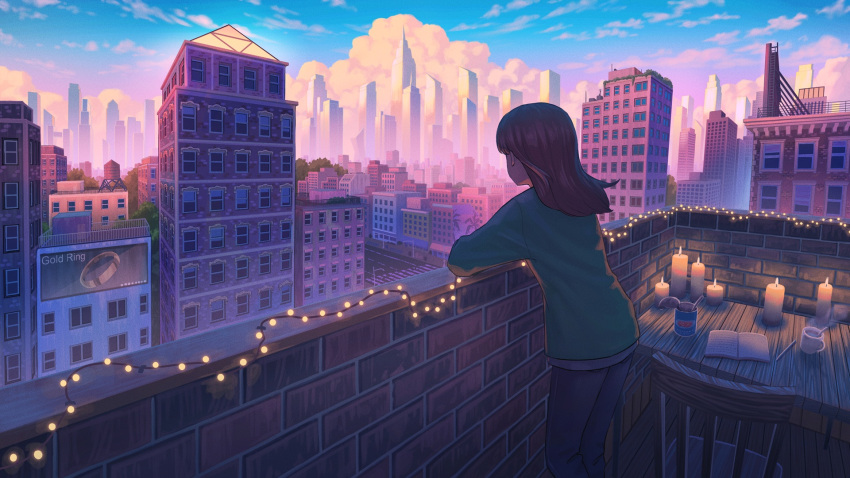 Safebooru 1girl Black Pants Blue Sky Book Brown Hair Building Can 6708