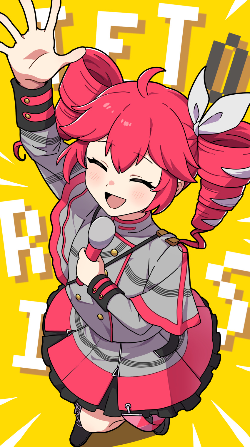 Safebooru - 1girl :d absurdres ahoge arm up black footwear blush closed eyes commentary drill ...