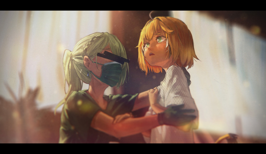 Safebooru - 2girls absurdres backlighting black hair blonde hair blurry blurry background braid ...