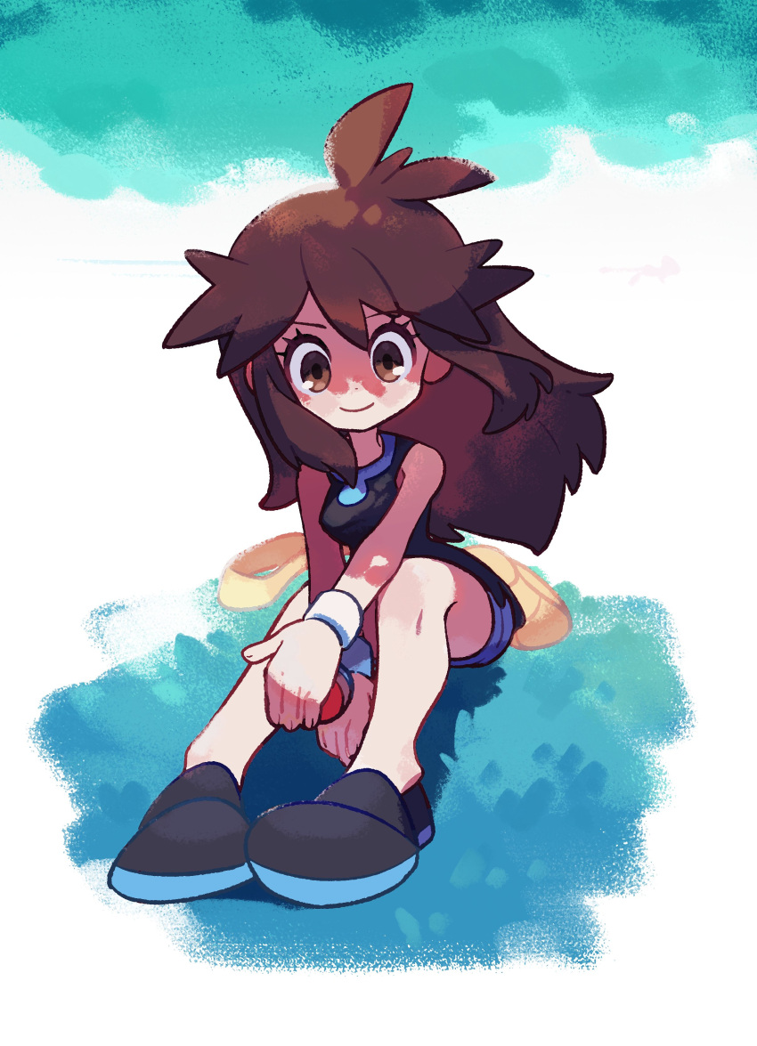 Safebooru - 1girl absurdres bare shoulders black footwear black shirt blue shorts brown eyes ...