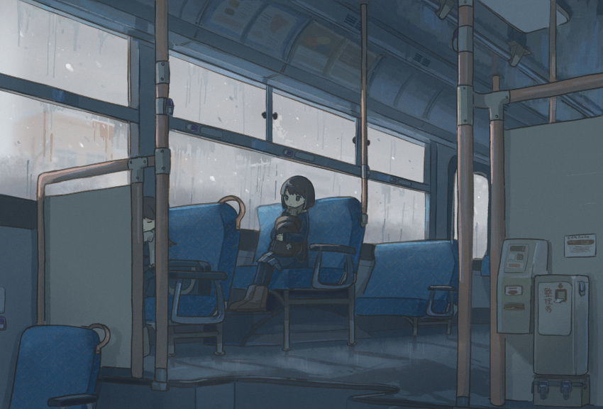 Safebooru - 2girls absurdres bag bag on lap black bag black hair black leggings blue jacket bob ...