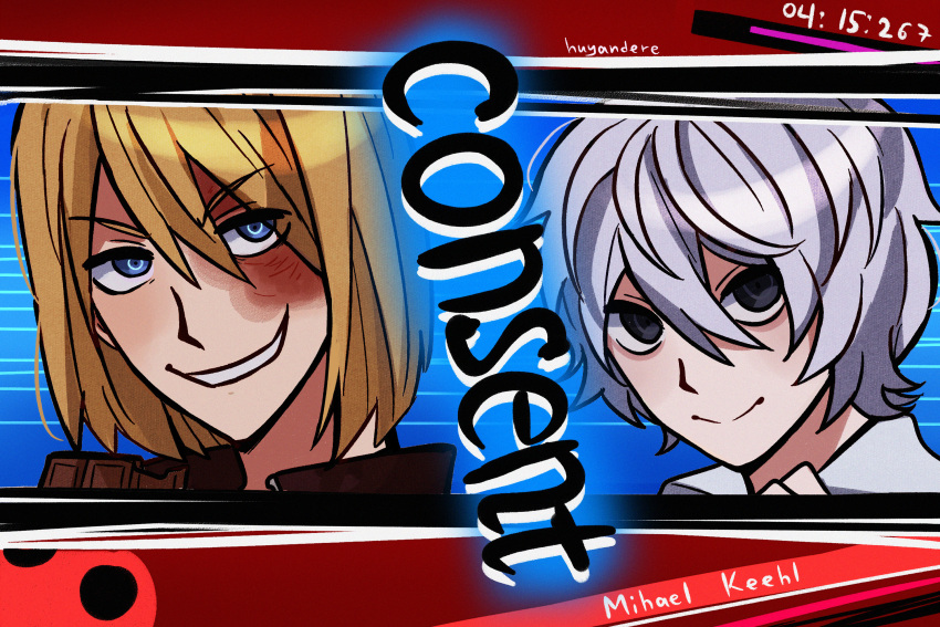 Safebooru - 2boys blonde hair blue eyes bob cut chocolate danganronpa ...