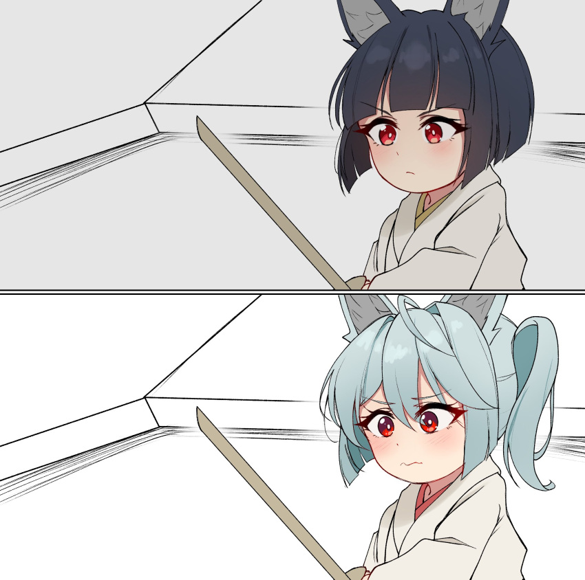 Safebooru - 2girls ahoge animal ears aqua hair black hair blush bokken comparison dougi ...