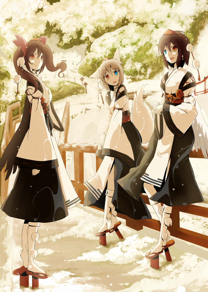 Safebooru - animal ears blue eyes brown hair geta hat heterochromia ...