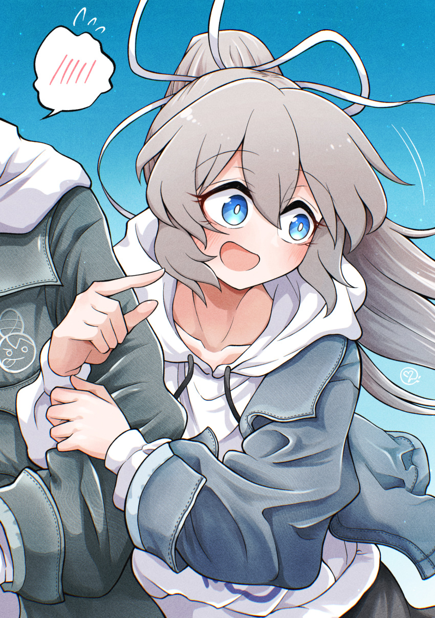 Safebooru - 1girl 1other alternate costume arm hug blue eyes blush bright pupils character print ...