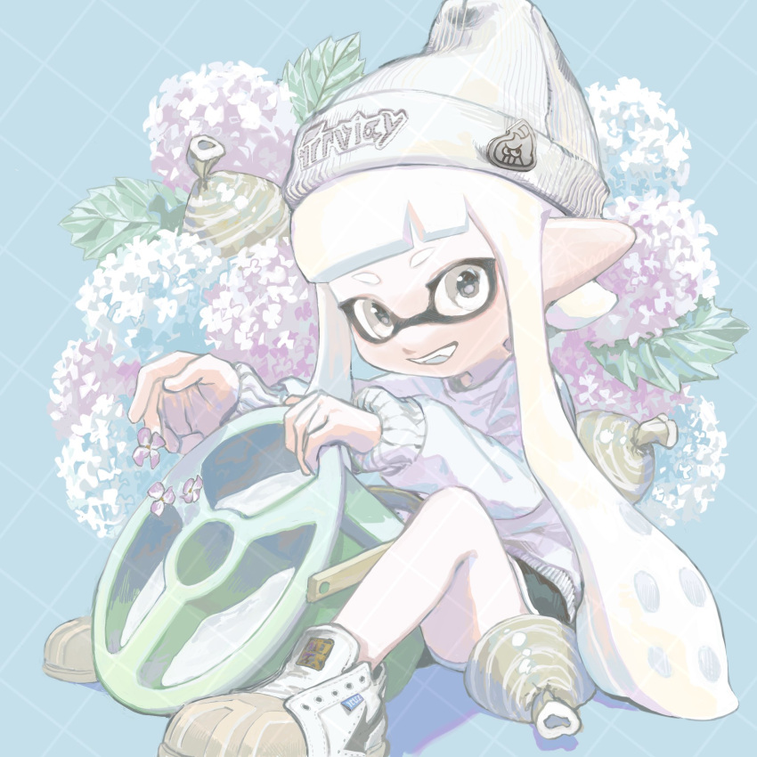 Safebooru - 1girl beanie black shorts blue background burst bomb ...