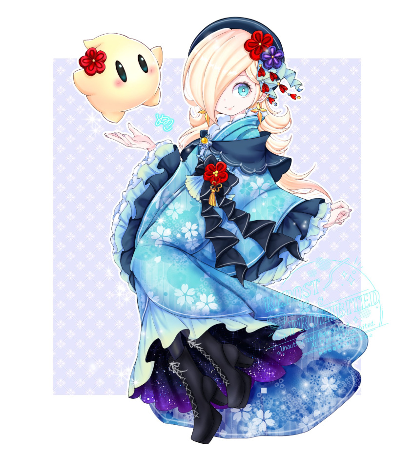 Safebooru - 1girl aqua kimono black footwear blonde hair blue eyes boots brooch earrings floral ...