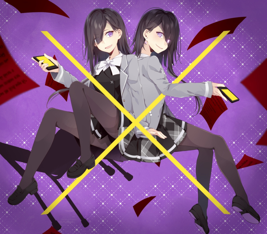Safebooru - 2girls asymmetrical hair asymmetrical sidelocks back-to-back black footwear black ...