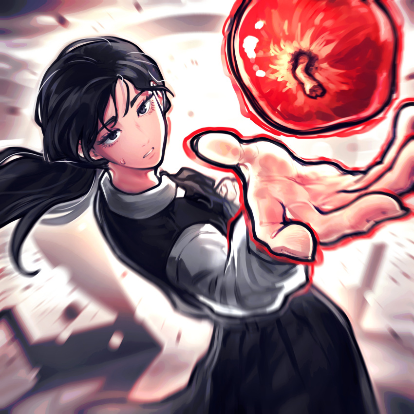 Safebooru - 1girl absurdres apple black dress black eyes black hair chainsaw man dress food ...