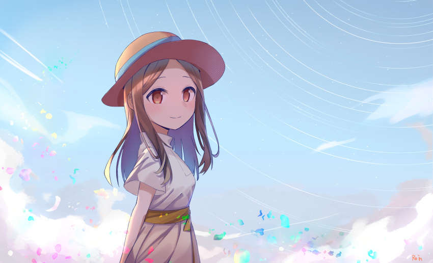 Safebooru - 1girl absurdres arm behind back blue sky blush breasts brown eyes brown hair brown ...