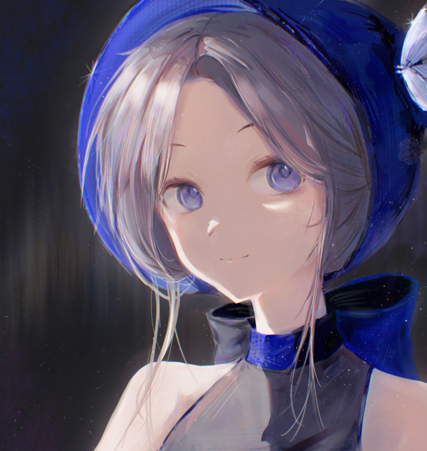 Safebooru - 1girl bare shoulders black background black hat blue bow blue bowtie blue eyes ...