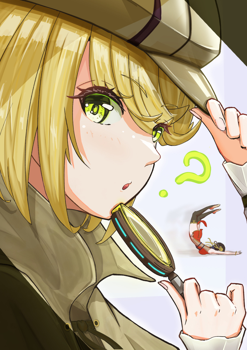 Safebooru - 2girls ? absurdres blonde hair brown capelet capelet deerstalker hat heaven burns ...