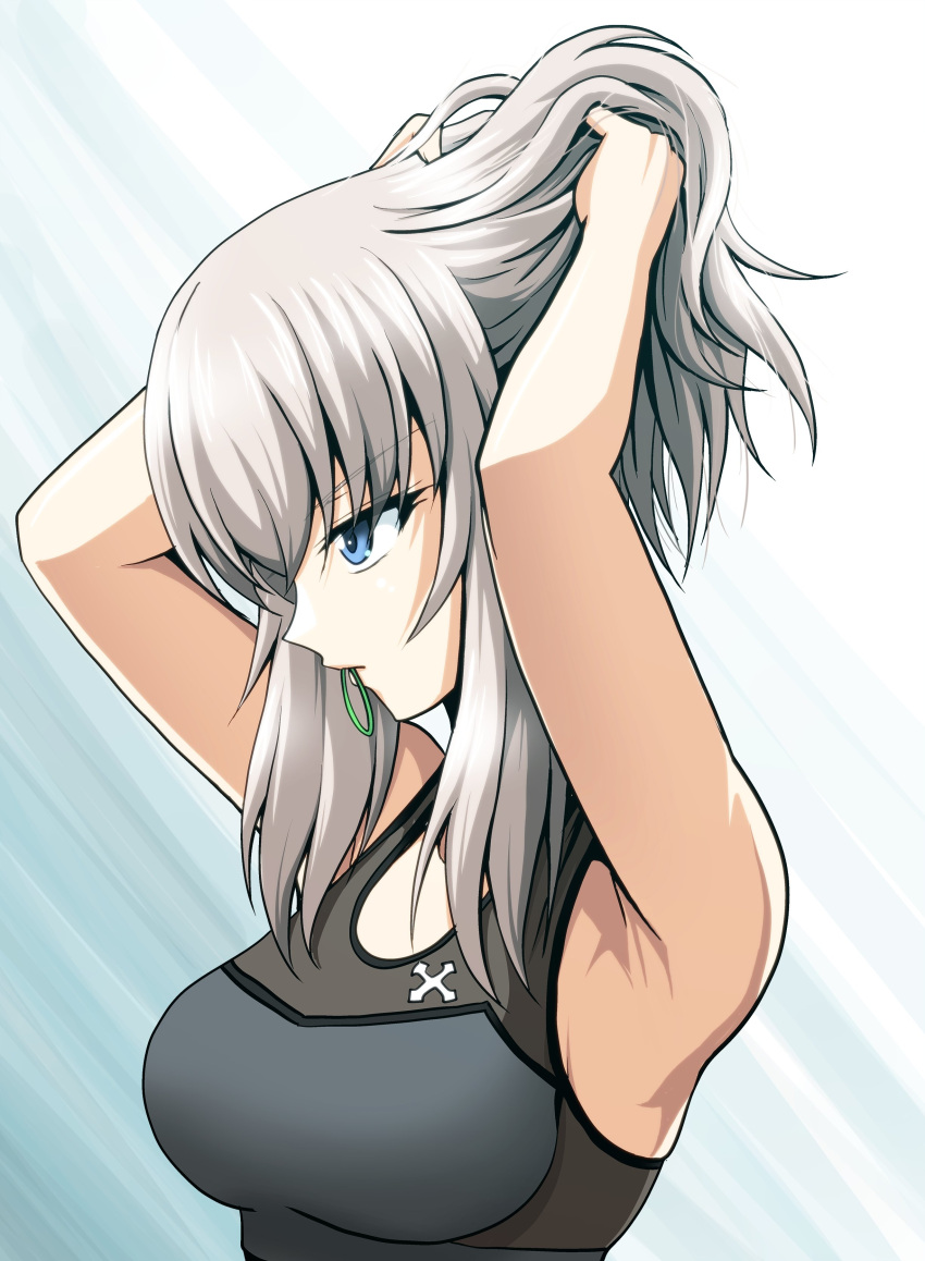 Safebooru - 1girl absurdres black sports bra blue eyes breasts closed mouth commentary frown ...