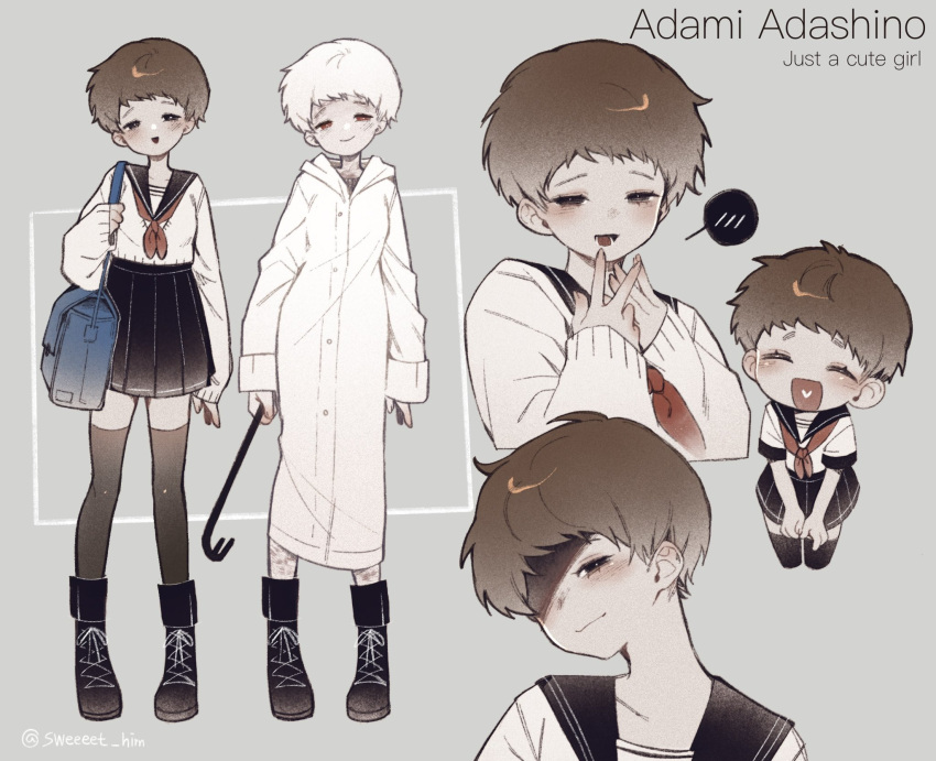 Safebooru - 1girl black eyes boots brown hair crowbar grey background ...