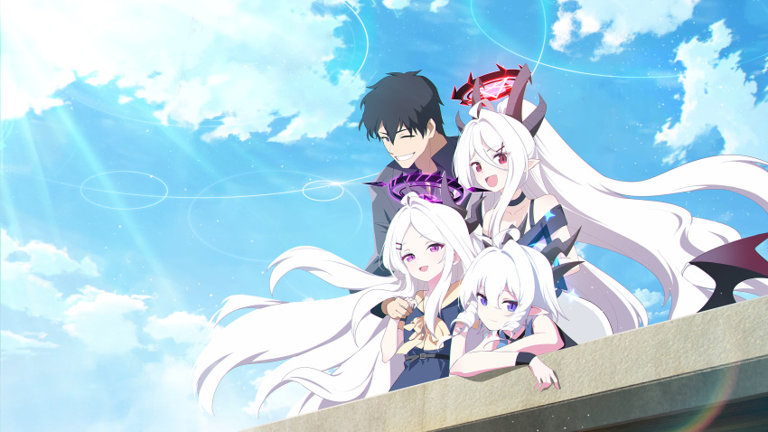 Safebooru - 1boy 3girls :d ;d ahoge alternate costume arm support belt black belt black choker ...