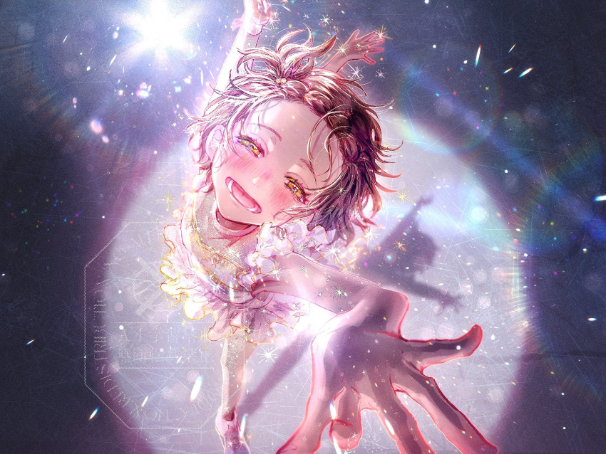 Safebooru - 1girl blush caustics dress dynamic pose frilled dress frills from above half-closed ...