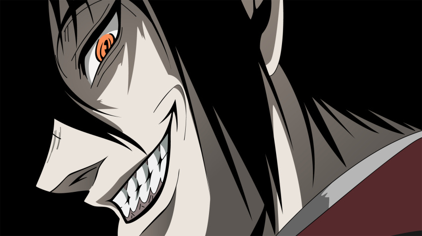 Safebooru - 1boy alucard (hellsing) artist request black hair close glowing eyes grin hellsing ...