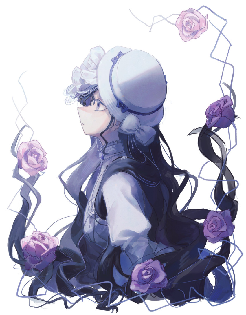 Safebooru - 1girl 2cha bangjeongsik black hair cowboy shot dress flower from side hair flower ...