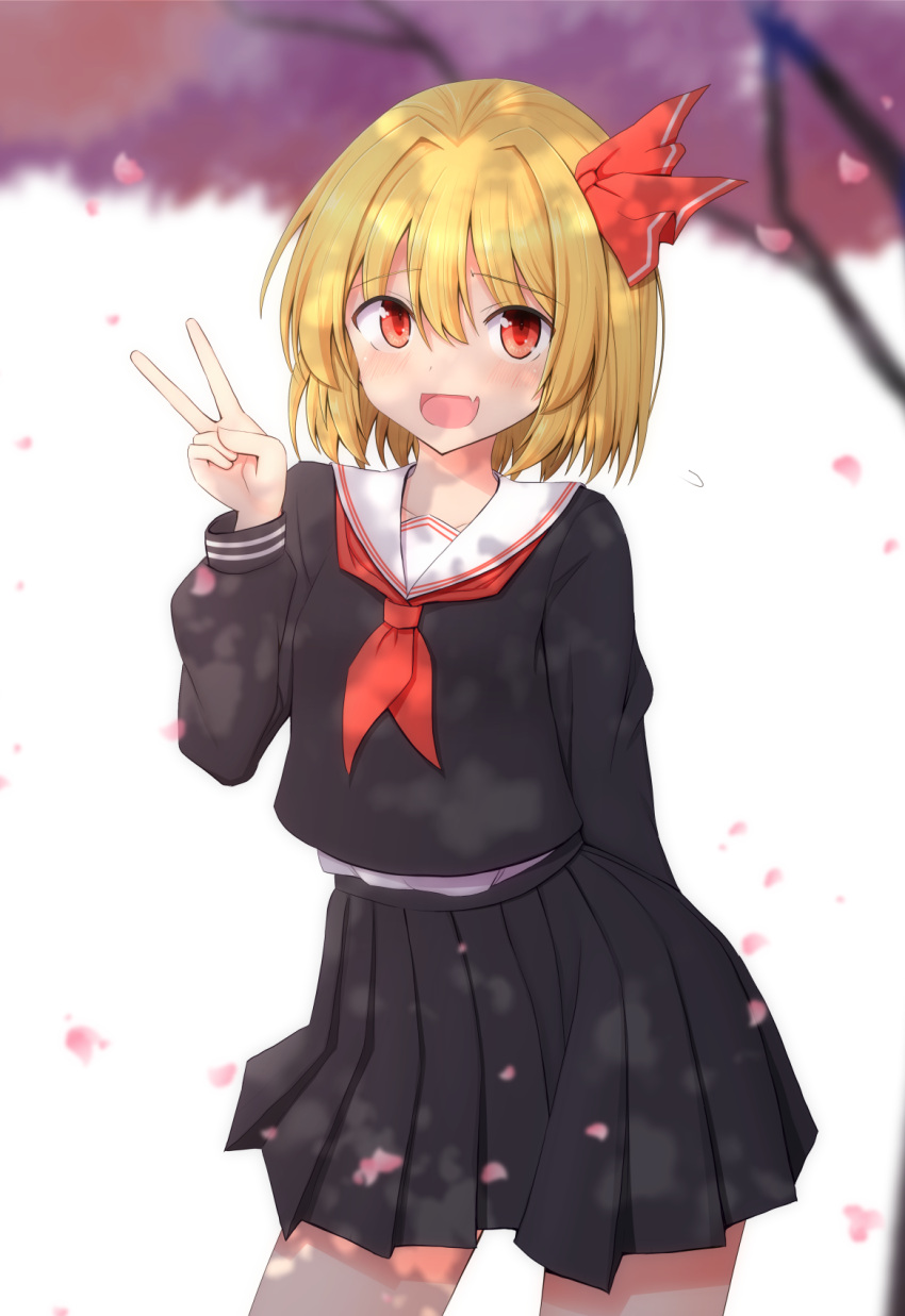 Safebooru - 1girl :d black shirt black skirt blonde hair blush bow cherry blossoms collarbone ...