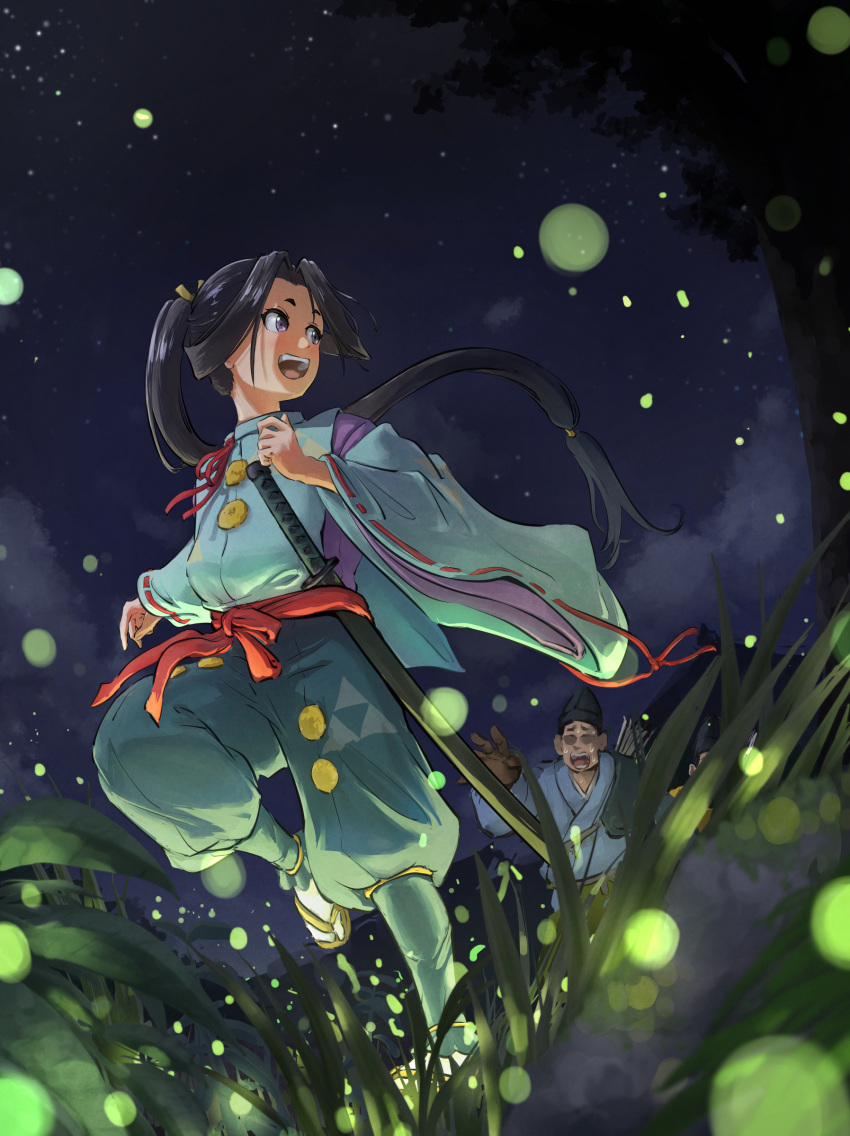 Safebooru - 2boys :d absurdres black hair fireflies grass hakama hakama ...
