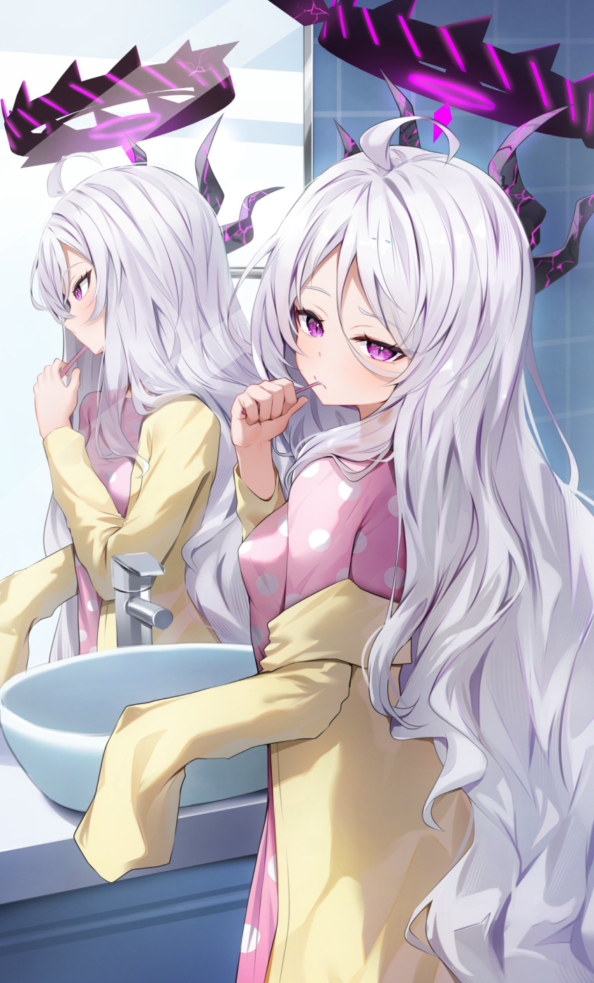 Safebooru - 1girl absurdres ahoge black halo blue archive brushing teeth demon girl demon horns ...