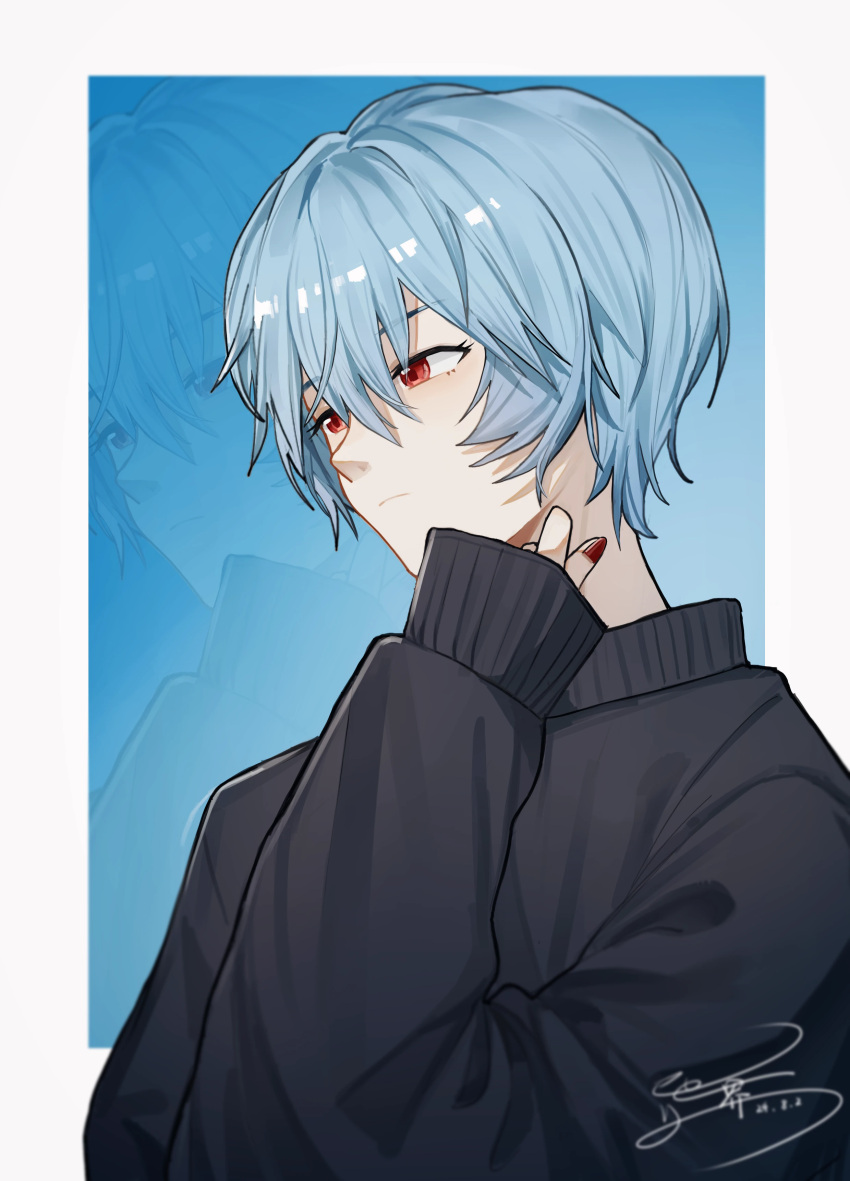 Safebooru - 1girl absurdres ayanami rei black sweater blue background blue hair border ...