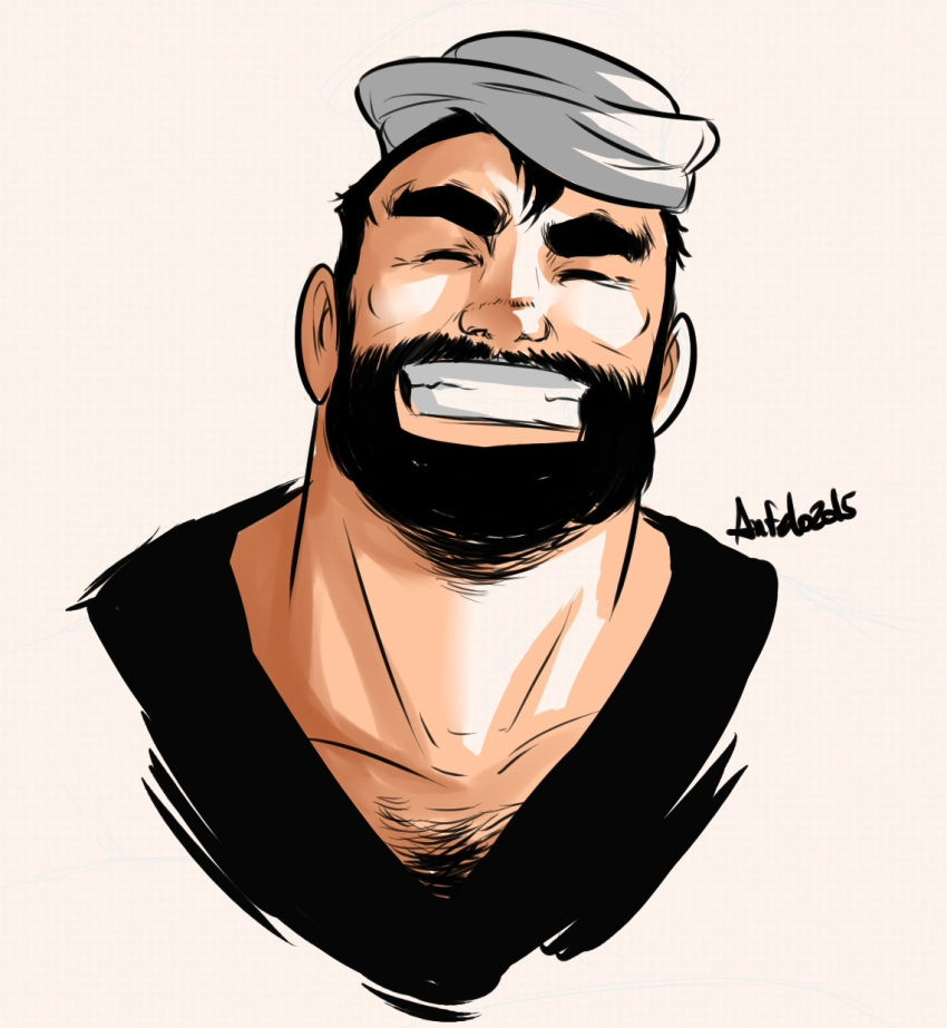 Safebooru - 1boy 2015 beard black hair black shirt bluto clenched teeth closed eyes connected ...