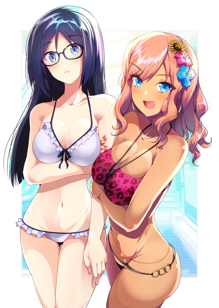 Safebooru - 1girl 2girls alice gear aegis animal print bikini black-framed eyewear blue eyes ...