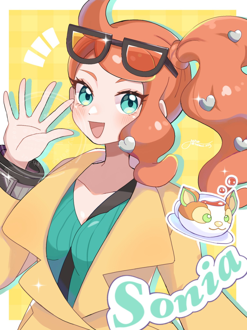 Safebooru - 1girl aqua eyes aqua shirt between breasts breasts brown coat character name coat ...