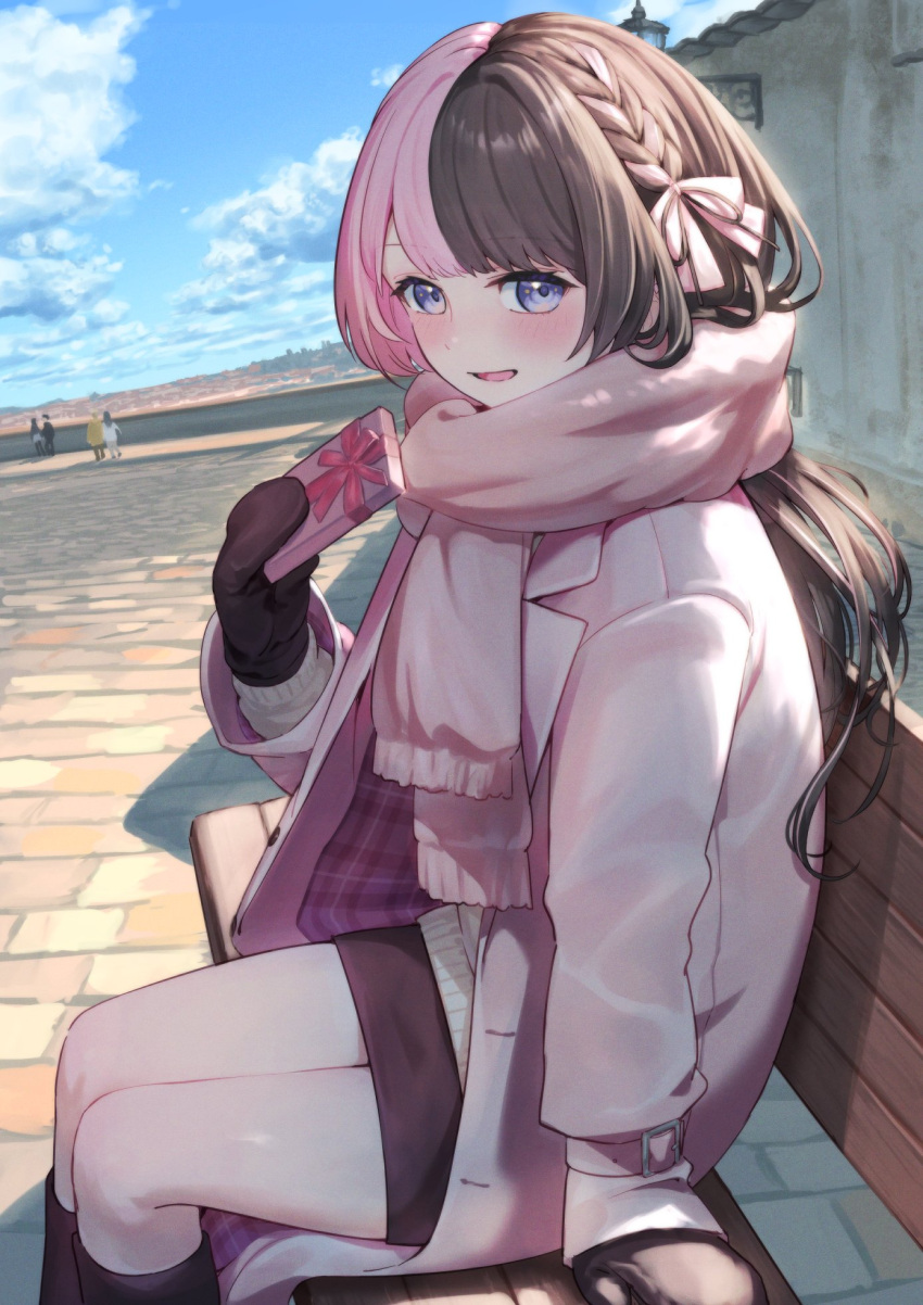 Safebooru - 1girl alternate costume bench black mittens blue eyes blue sky braid brown hair ...