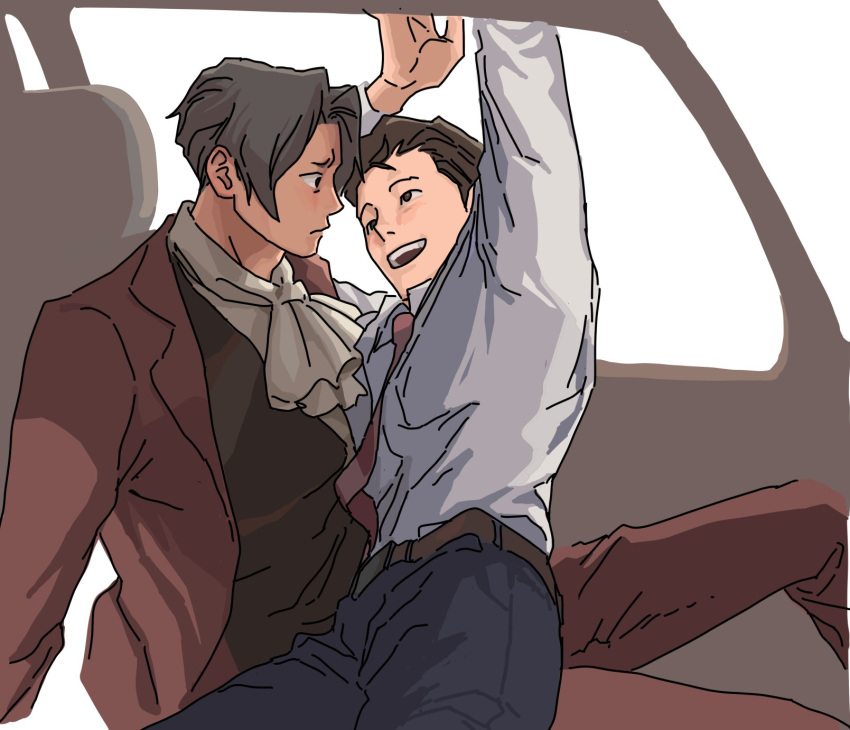 Safebooru - 2boys ace attorney ascot belt belt buckle black shirt blue pants blush brown belt ...