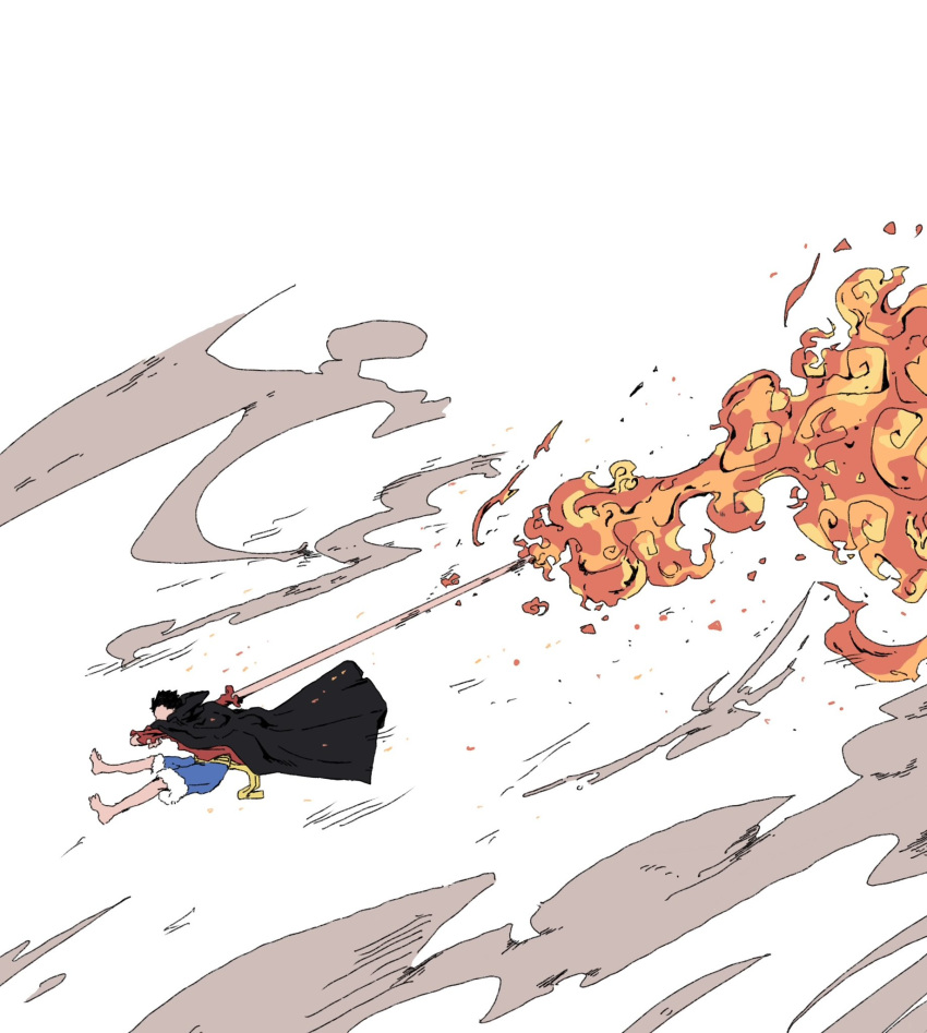 Safebooru - 1boy attack barefoot black coat blue shorts coat fire ...