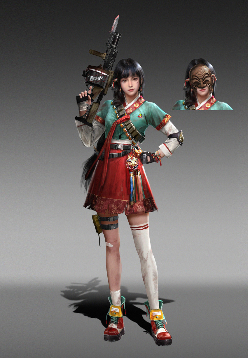 Safebooru - 1girl absurdres aqua shirt assault rifle asymmetrical legwear bandaged hand bandages ...