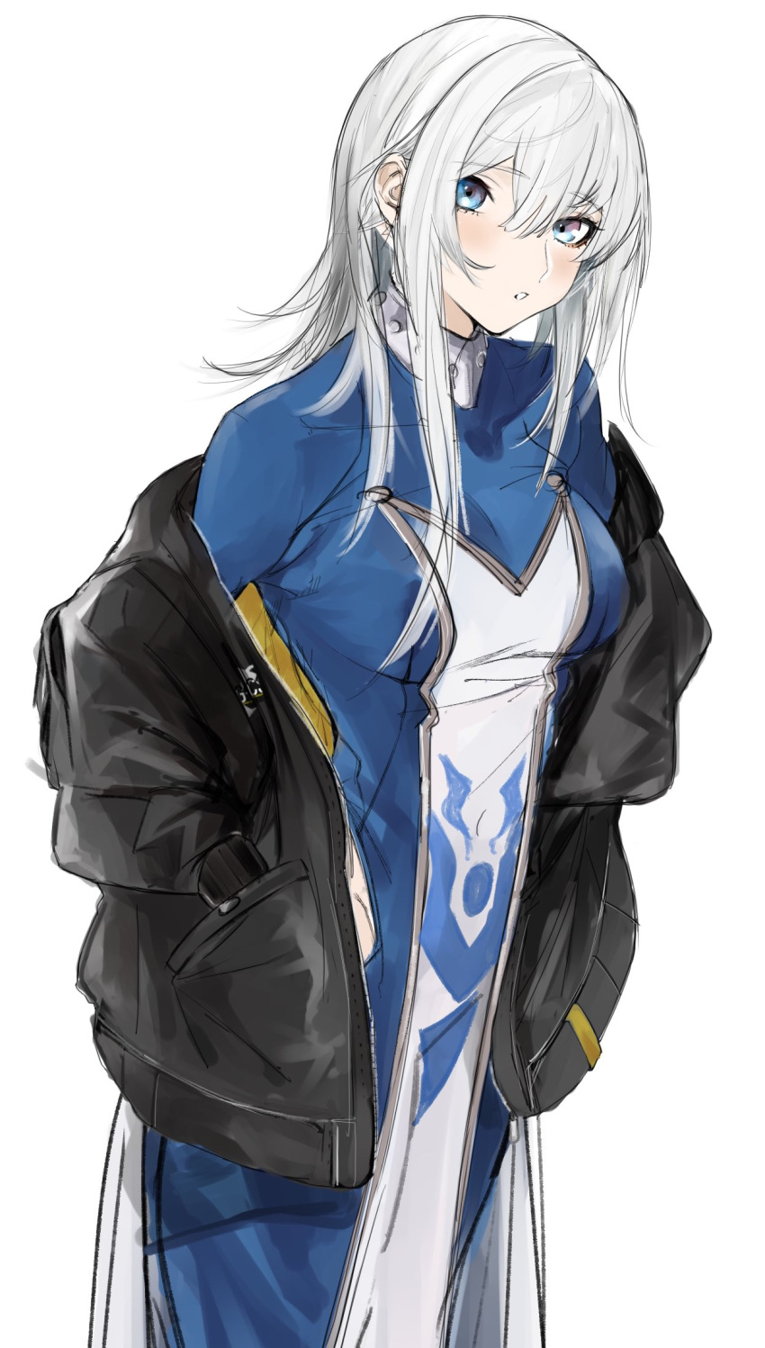 Safebooru - 1girl black jacket blue dress bontomu dress duel monster grey hair hair between eyes ...