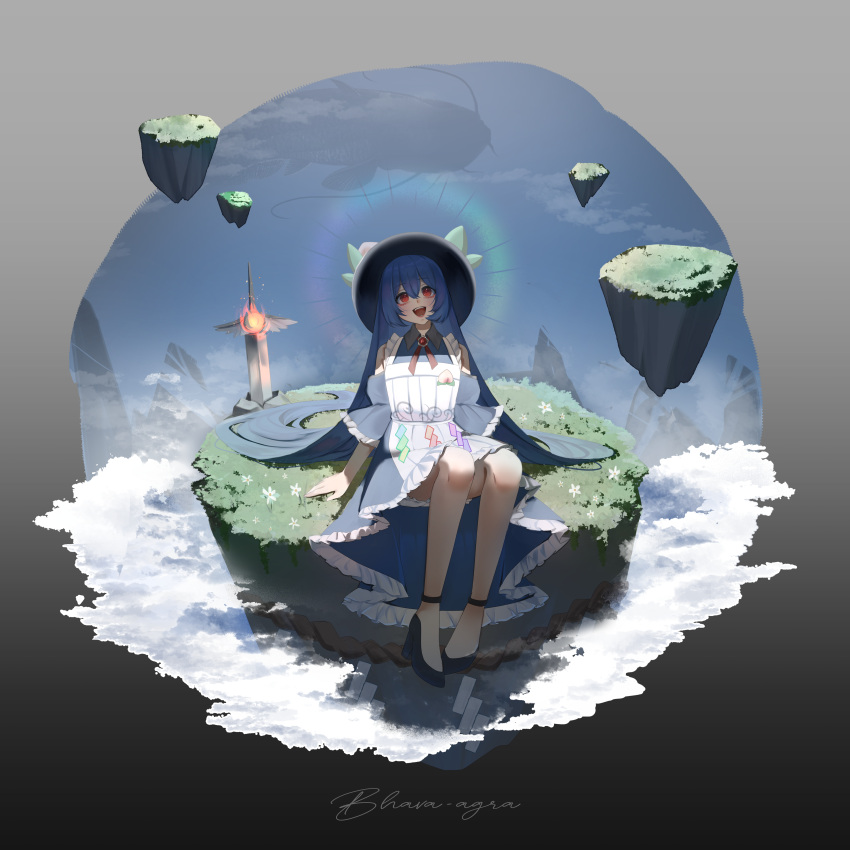 Safebooru - 1girl absurdres alternate costume apron black hat blue hair blue shoes commentary ...