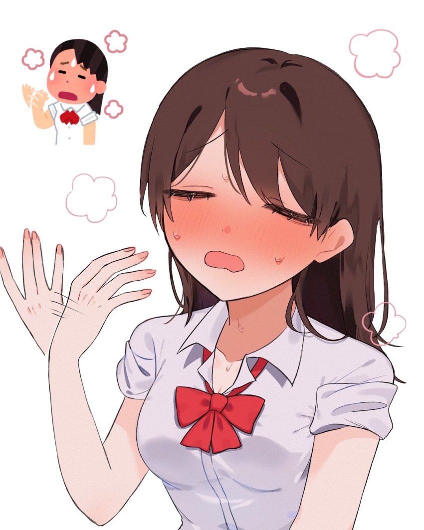Safebooru - 1girl blush bow bowtie brown hair closed eyes collared ...