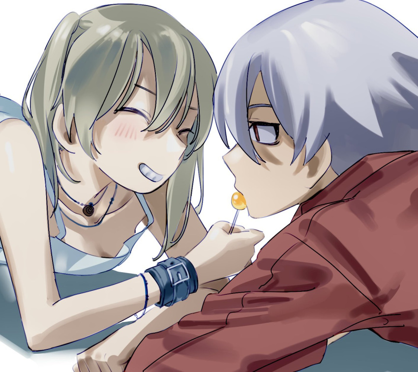 Safebooru 1boy 1girl Blonde Hair Blush Bracelet Camisole Candy Closed 4038
