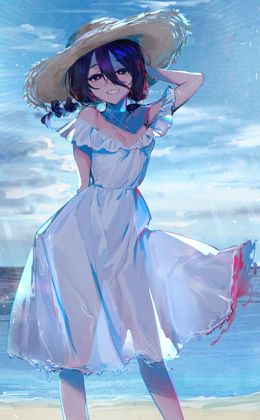 Safebooru - 1girl absurdres beach black eyes black hair blue sky braid breasts commentary ...