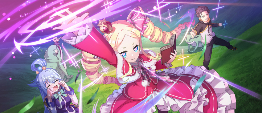 Safebooru - 1boy 3girls aqua (konosuba) arm up beatrice (re:zero) black bodysuit black hair ...