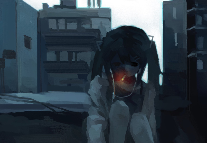 Safebooru 1girl Building Camisole Cigarette Earphones Glowing Highres 5880