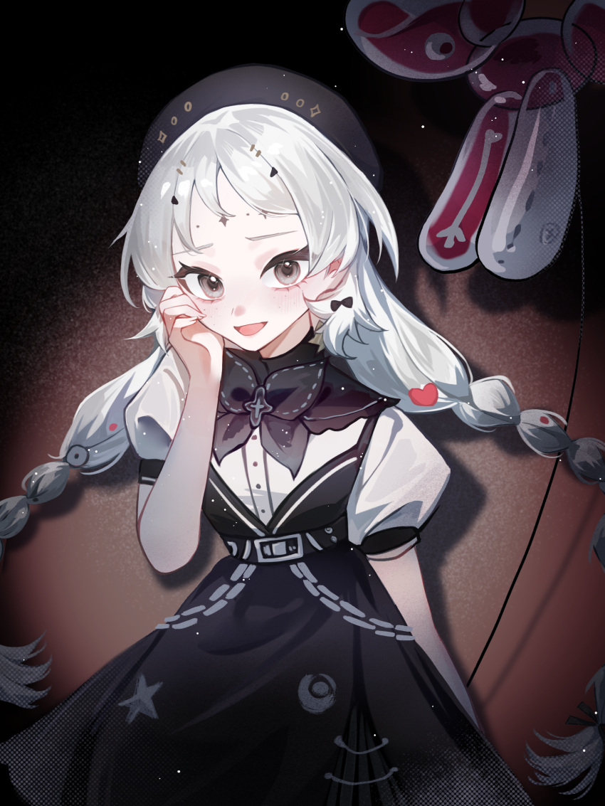 Safebooru - 1girl :d absurdres balloon animal balloon party beret black bow black bowtie black ...