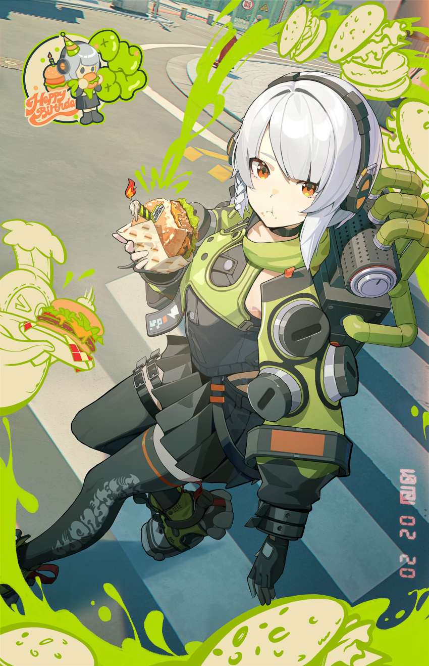 Safebooru - 1girl absurdres anby demara bare shoulders black gloves black skirt breasts burger ...